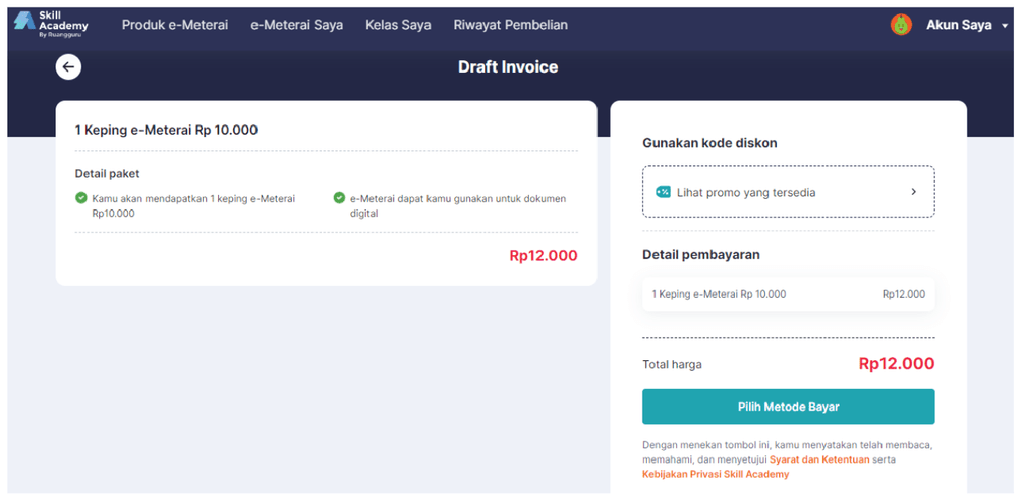 Cara melakukan pembelian e-meterai Skill Academy | Bantuan Skill Academy